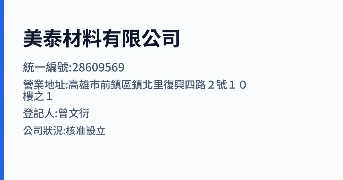 美泰材料有限公司 - 統編 28609569(高雄市) 公司登記資料與營業項目詳細圖表