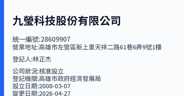 九瑩科技股份有限公司的照片-統編 28609907(高雄市) 公司登記資料與營業項目詳細圖表