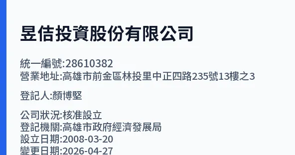 昱佶投資股份有限公司的照片-統編 28610382(高雄市) 公司登記資料與營業項目詳細圖表