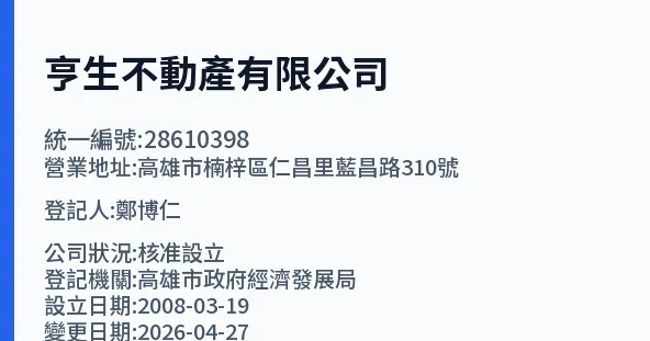 亨生不動產有限公司的照片-統編 28610398(高雄市) 公司登記資料與營業項目詳細圖表