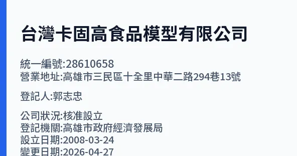 台灣卡固高食品模型有限公司的照片-統編 28610658(高雄市) 公司登記資料與營業項目詳細圖表
