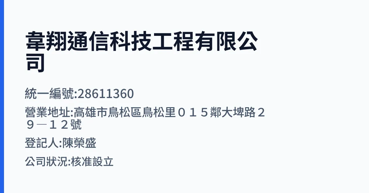 韋翔通信科技工程有限公司 - 統編 28611360(高雄市) 公司登記資料與營業項目詳細圖表
