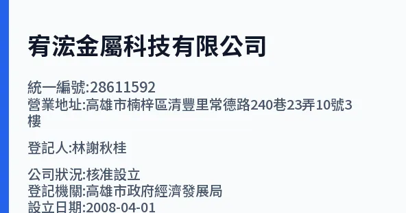 宥浤金屬科技有限公司的照片-統編 28611592(高雄市) 公司登記資料與營業項目詳細圖表