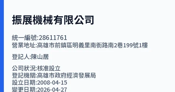 振展機械有限公司的照片-統編 28611761(高雄市) 公司登記資料與營業項目詳細圖表