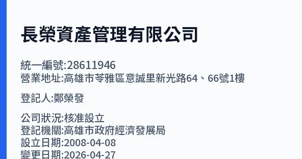 長榮資產管理有限公司的照片-統編 28611946(高雄市) 公司登記資料與營業項目詳細圖表