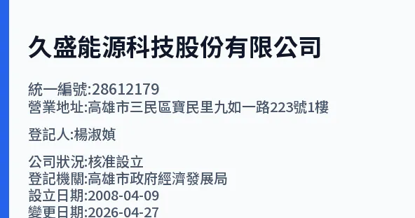 久盛能源科技股份有限公司的照片-統編 28612179(高雄市) 公司登記資料與營業項目詳細圖表