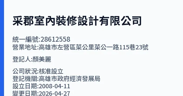 采郡室內裝修設計有限公司的照片-統編 28612558(高雄市) 公司登記資料與營業項目詳細圖表