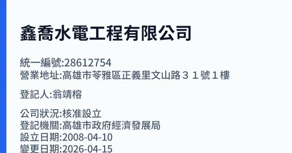 鑫喬水電工程有限公司的照片-統編 28612754(高雄市) 公司登記資料與營業項目詳細圖表
