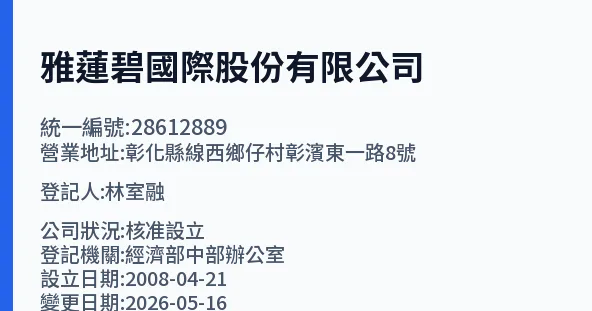雅蓮碧國際股份有限公司的照片-統編 28612889(彰化縣) 公司登記資料與營業項目詳細圖表
