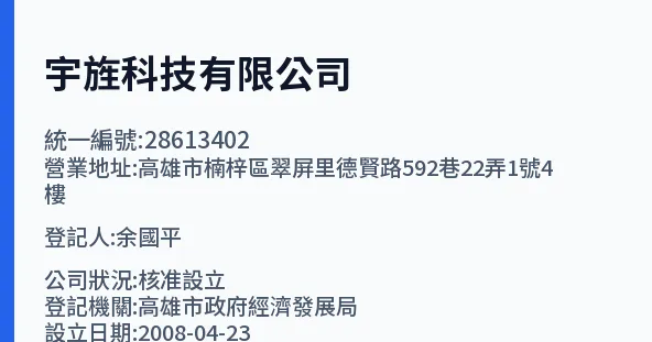 宇旌科技有限公司的照片-統編 28613402(高雄市) 公司登記資料與營業項目詳細圖表