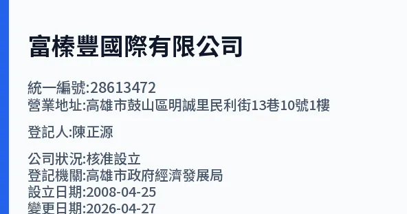 富榛豐國際有限公司的照片-統編 28613472(高雄市) 公司登記資料與營業項目詳細圖表