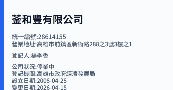 菳和豐有限公司的照片-統編 28614155(高雄市) 公司登記資料與營業項目詳細圖表