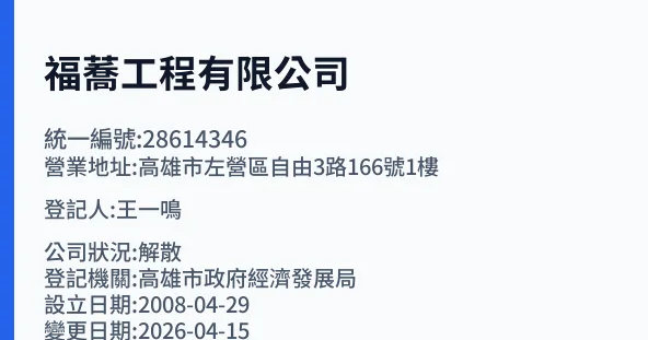 福蕎工程有限公司的照片-統編 28614346(高雄市) 公司登記資料與營業項目詳細圖表