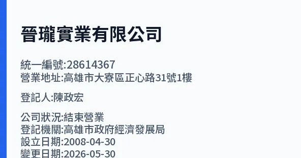 晉瓏實業有限公司的照片-統編 28614367(高雄市) 公司登記資料與營業項目詳細圖表