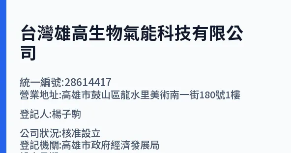 台灣雄高生物氣能科技有限公司的照片-統編 28614417(高雄市) 公司登記資料與營業項目詳細圖表