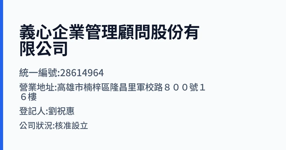 義心企業管理顧問股份有限公司 - 統編 28614964（高雄市） 公司登記資料與營業項目詳細圖表