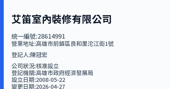 艾笛室內裝修有限公司的照片-統編 28614991(高雄市) 公司登記資料與營業項目詳細圖表