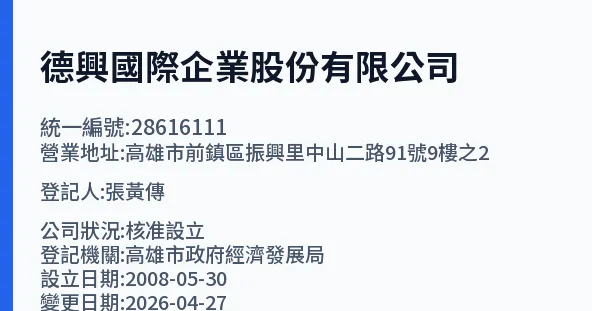 德興國際企業股份有限公司的照片-統編 28616111(高雄市) 公司登記資料與營業項目詳細圖表