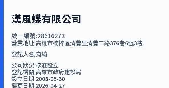 漢風蝶有限公司的照片-統編 28616273(高雄市) 公司登記資料與營業項目詳細圖表