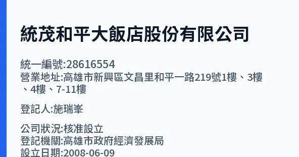 統茂和平大飯店股份有限公司的照片-統編 28616554(高雄市) 公司登記資料與營業項目詳細圖表