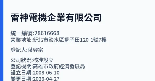 雷神電機企業有限公司的照片-統編 28616668(新北市) 公司登記資料與營業項目詳細圖表