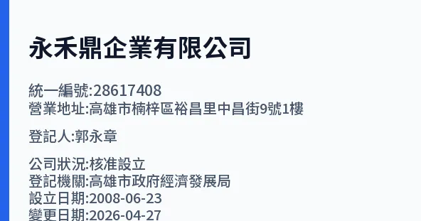 永禾鼎企業有限公司的照片-統編 28617408(高雄市) 公司登記資料與營業項目詳細圖表