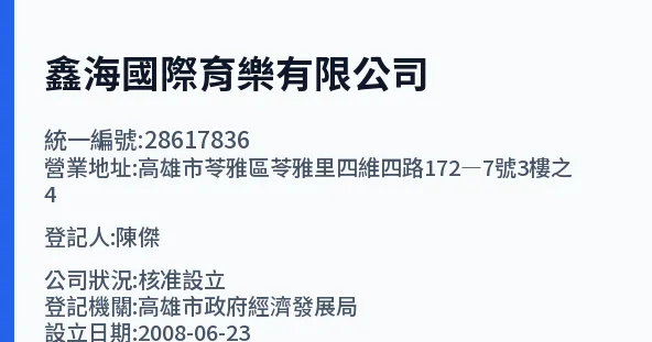 鑫海國際育樂有限公司的照片-統編 28617836(高雄市) 公司登記資料與營業項目詳細圖表