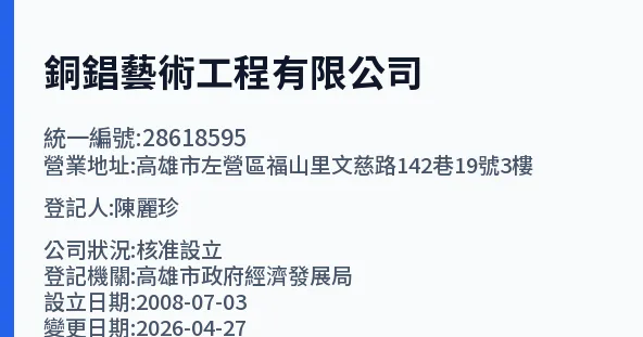 銅錩藝術工程有限公司的照片-統編 28618595(高雄市) 公司登記資料與營業項目詳細圖表