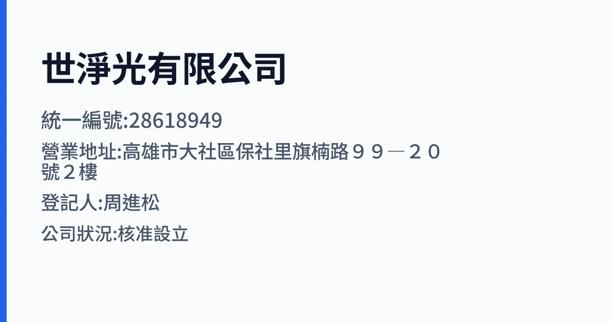 世淨光有限公司 - 統編 28618949(高雄市) 公司登記資料與營業項目詳細圖表