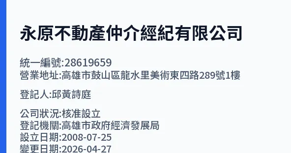永原不動產仲介經紀有限公司的照片-統編 28619659(高雄市) 公司登記資料與營業項目詳細圖表