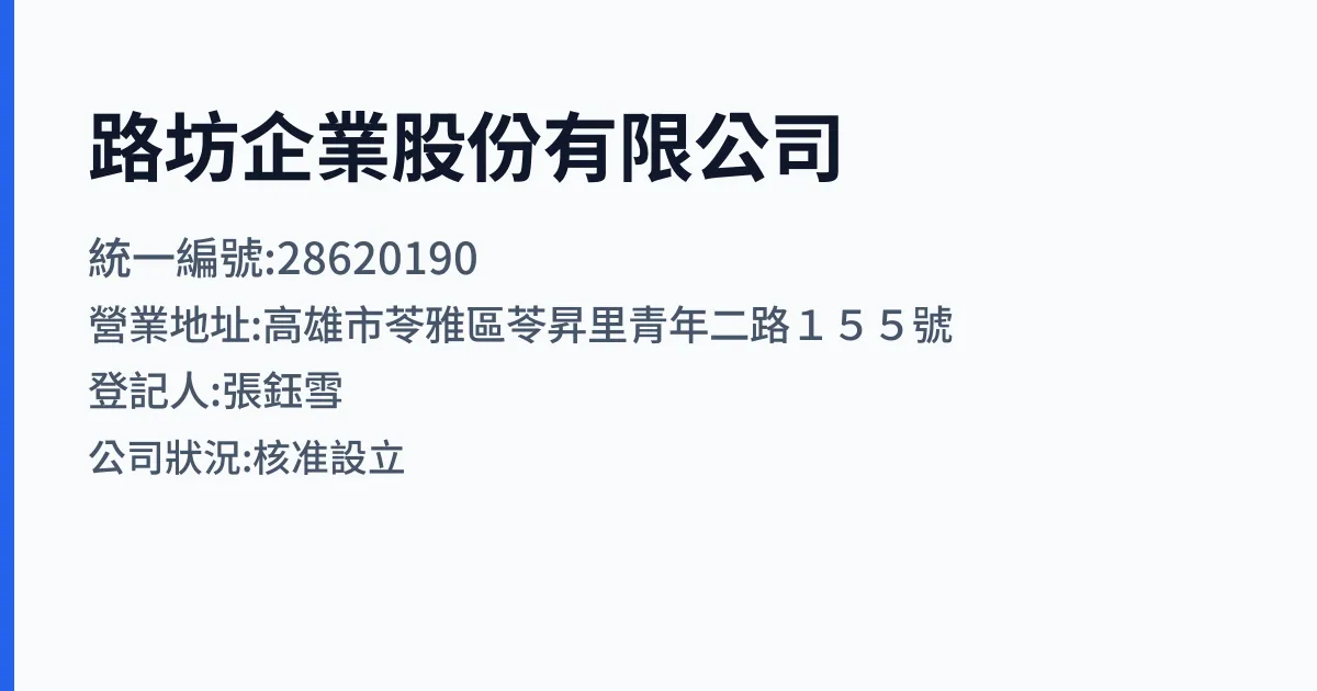 路坊企業股份有限公司 - 統編 28620190(高雄市) 公司登記資料與營業項目詳細圖表
