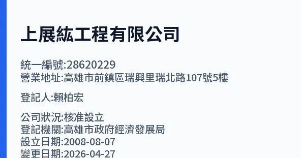 上展紘工程有限公司的照片-統編 28620229(高雄市) 公司登記資料與營業項目詳細圖表