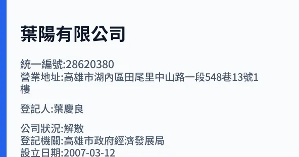葉陽有限公司的照片-統編 28620380(高雄市) 公司登記資料與營業項目詳細圖表