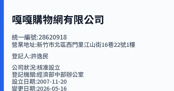 嘎嘎購物網有限公司的照片-統編 28620918(新竹市) 公司登記資料與營業項目詳細圖表