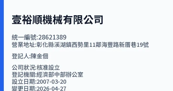壹裕順機械有限公司的照片-統編 28621389(彰化縣) 公司登記資料與營業項目詳細圖表
