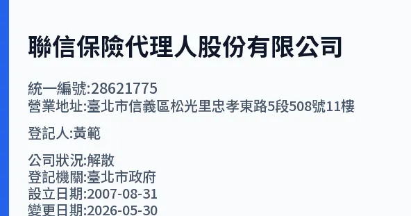 聯信保險代理人股份有限公司的照片-統編 28621775(臺北市) 公司登記資料與營業項目詳細圖表