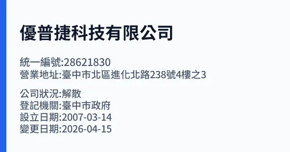 優普捷科技有限公司的照片-統編 28621830(臺中市) 公司登記資料與營業項目詳細圖表