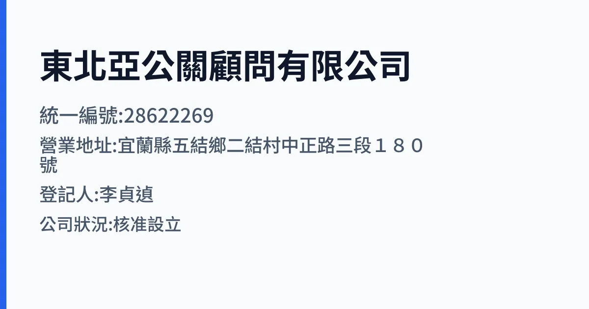 東北亞公關顧問有限公司 - 統編 28622269(宜蘭縣) 公司登記資料與營業項目詳細圖表