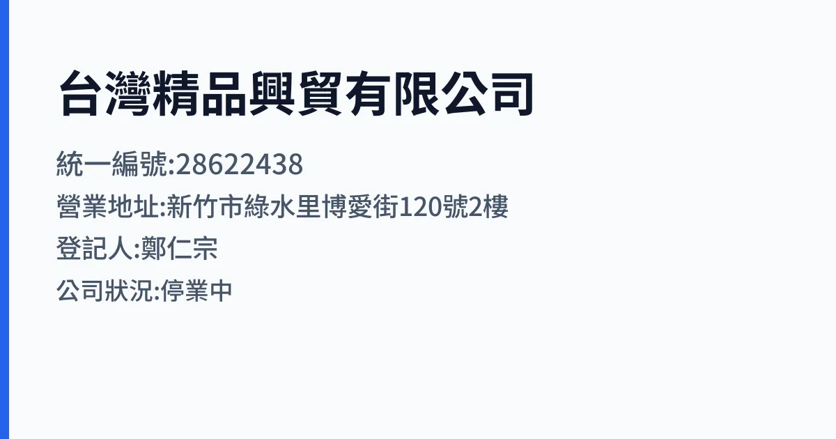 台灣精品興貿有限公司 - 統編 28622438(新竹市) 公司登記資料與營業項目詳細圖表