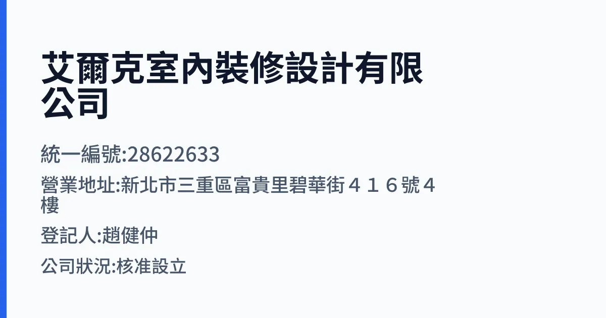 艾爾克室內裝修設計有限公司 - 統編 28622633(新北市) 公司登記資料與營業項目詳細圖表