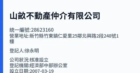 山畝不動產仲介有限公司的照片-統編 28623160(新竹縣) 公司登記資料與營業項目詳細圖表