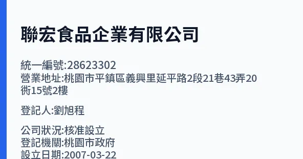 聯宏食品企業有限公司的照片-統編 28623302(桃園市) 公司登記資料與營業項目詳細圖表