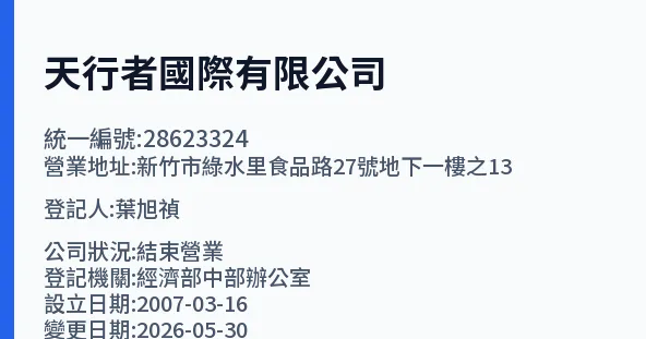 天行者國際有限公司的照片-統編 28623324(新竹縣) 公司登記資料與營業項目詳細圖表