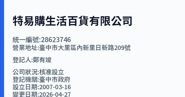 特易購生活百貨有限公司的照片-統編 28623746(臺中市) 公司登記資料與營業項目詳細圖表
