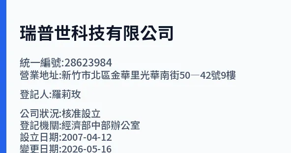 瑞普世科技有限公司的照片-統編 28623984(新竹市) 公司登記資料與營業項目詳細圖表