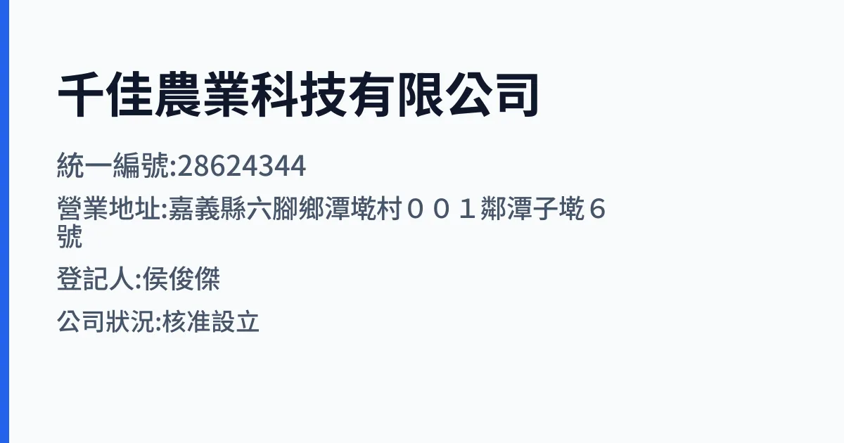 千佳農業科技有限公司 - 統編 28624344(嘉義縣) 公司登記資料與營業項目詳細圖表