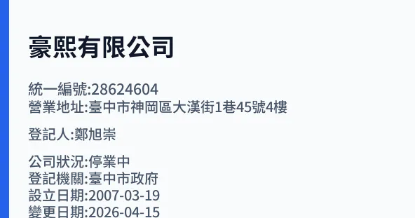 豪熙有限公司的照片-統編 28624604(臺中市) 公司登記資料與營業項目詳細圖表