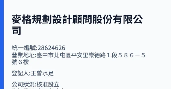 麥格規劃設計顧問股份有限公司的照片-統編 28624626(臺中市) 公司登記資料與營業項目詳細圖表