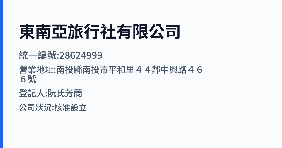 東南亞旅行社有限公司 - 統編 28624999(南投縣) 公司登記資料與營業項目詳細圖表