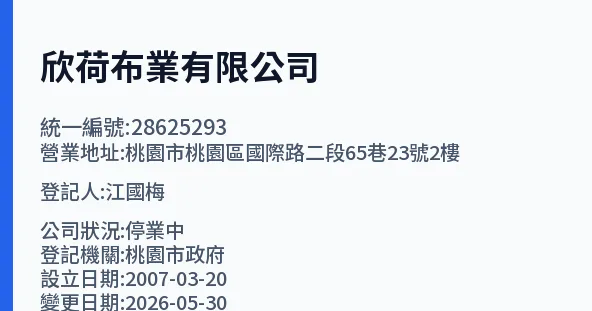 欣荷布業有限公司的照片-統編 28625293(桃園市) 公司登記資料與營業項目詳細圖表